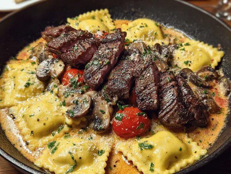 Creamy Tomato Mushroom Ravioli With Seared Steak Recipe
